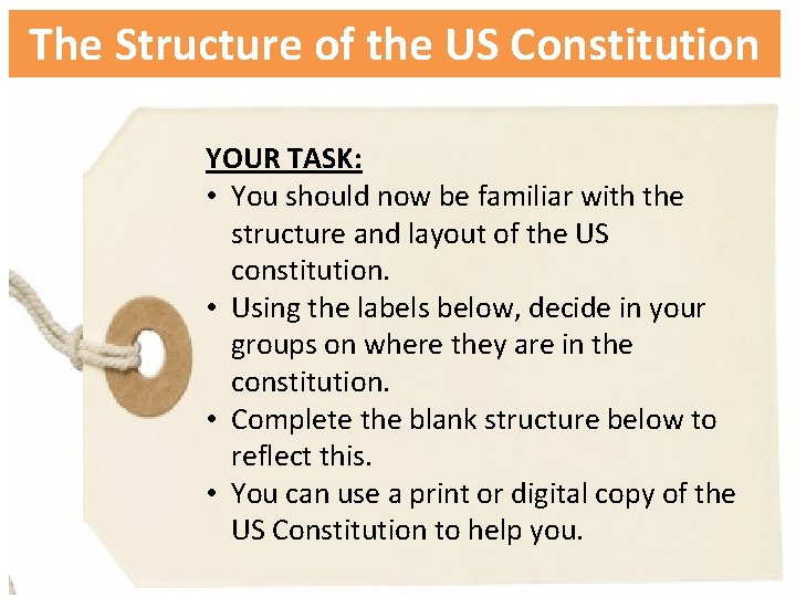 The Structure of the US Constitution YOUR TASK