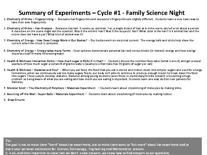 Cycle 1 Family Earth Day Science Night Experiments