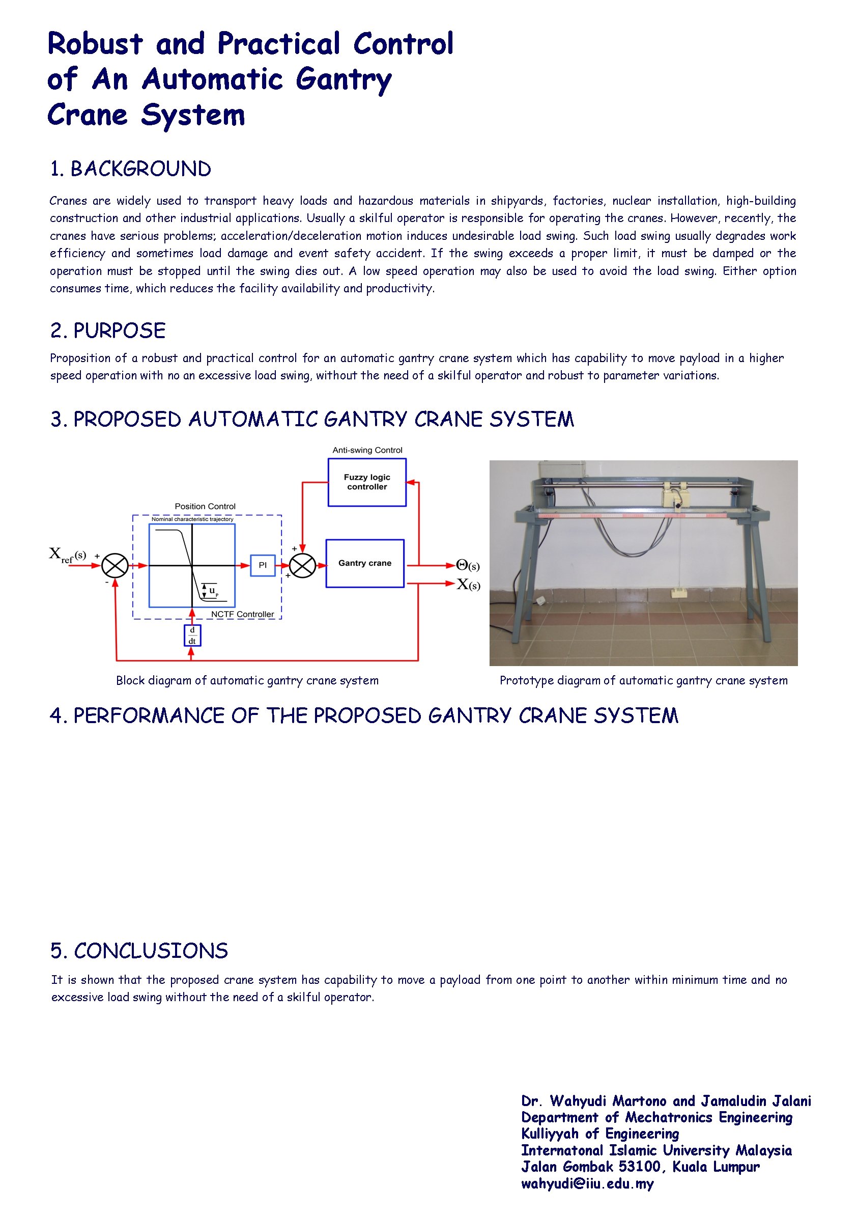 Robust and Practical Control of An Automatic Gantry