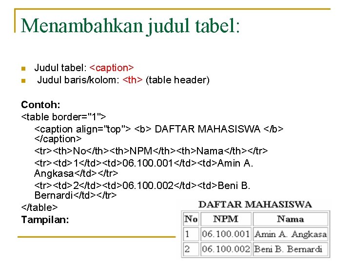 HTML Lanjut TABEL Fungsi n Menampilkan informasi secara