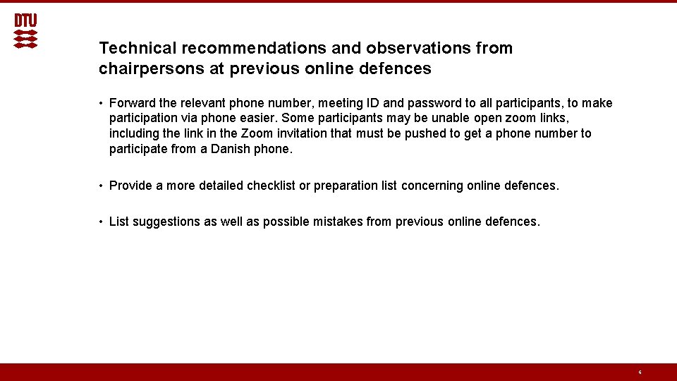 Technical recommendations and observations from chairpersons at previous