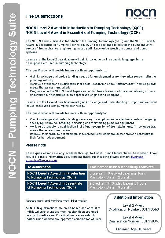 NOCN Pumping Technology Suite The Qualifications NOCN Level