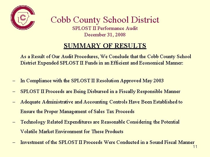 COBB COUNTY SCHOOL DISTRICT SPLOST II Performance Audit