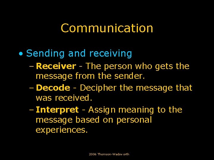 2006 ThomsonWadsworth Learning Objectives Define communication State why