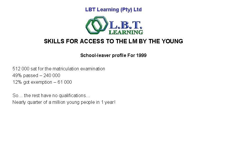LBT Learning Pty Ltd SOUTH AFRICAN NATIONAL SKILLS