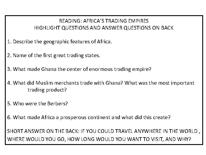 READING AFRICAS TRADING EMPIRES HIGHLIGHT QUESTIONS AND ANSWER