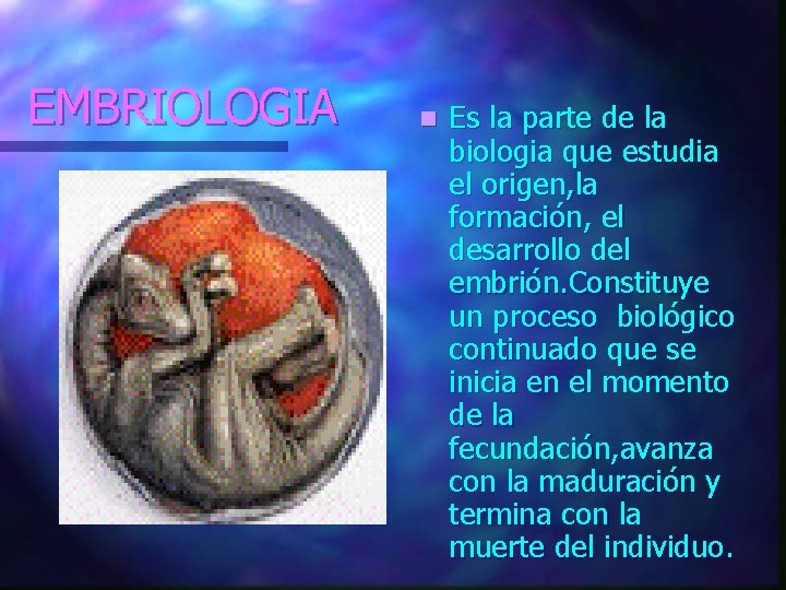 EMBRIOLOGIA n Es la parte de la biologia