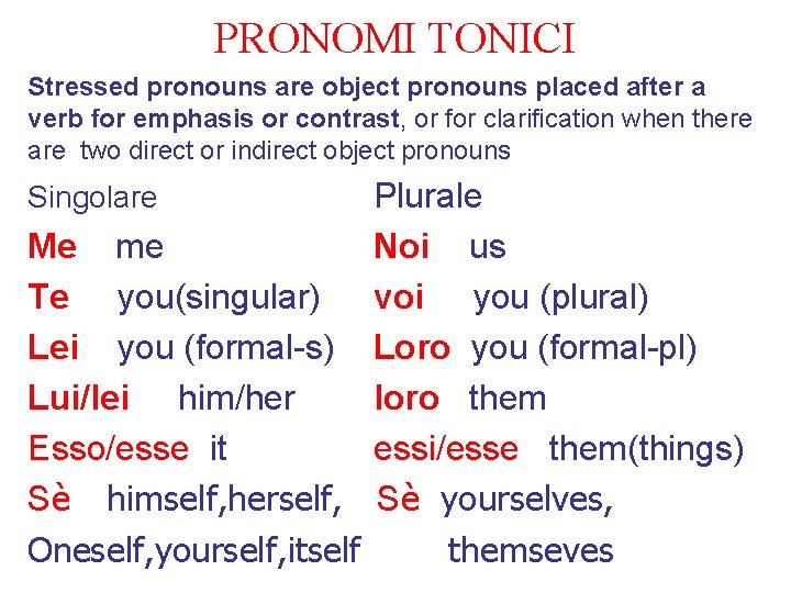 PRONOMI TONICI Stressed pronouns are object pronouns placed