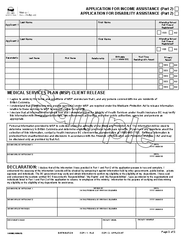 APPLICATION FOR INCOME ASSISTANCE Part 2 APPLICATION FOR