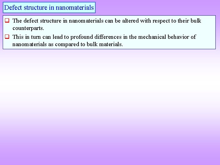 Defect Structure Mechanical Behaviour of Nanomaterials Defect structure