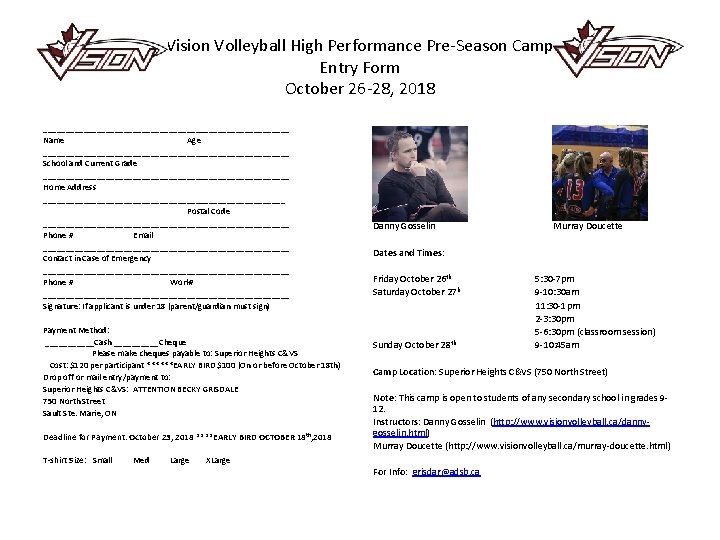 Vision Volleyball High Performance PreSeason Camp Entry Form