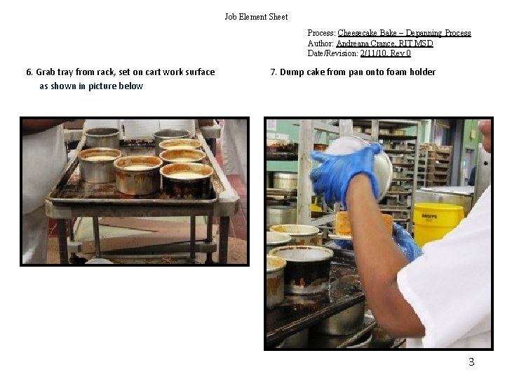 Job Element Sheet Process Cheesecake Bake Depanning Process