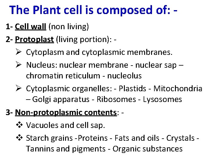 Anatomy PLANT CELL CONTENTS The cell is the