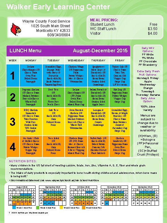 Walker Early Learning Center MEAL PRICING Student Lunch