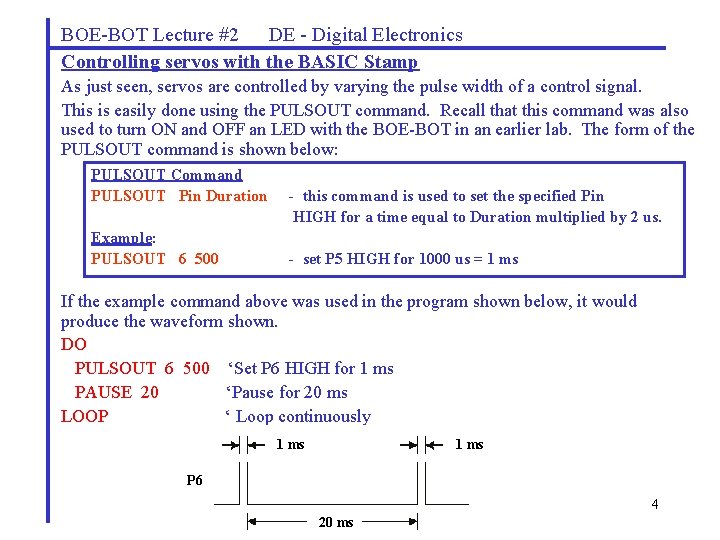 BOEBOT Lecture 2 DE Digital Electronics Servos and