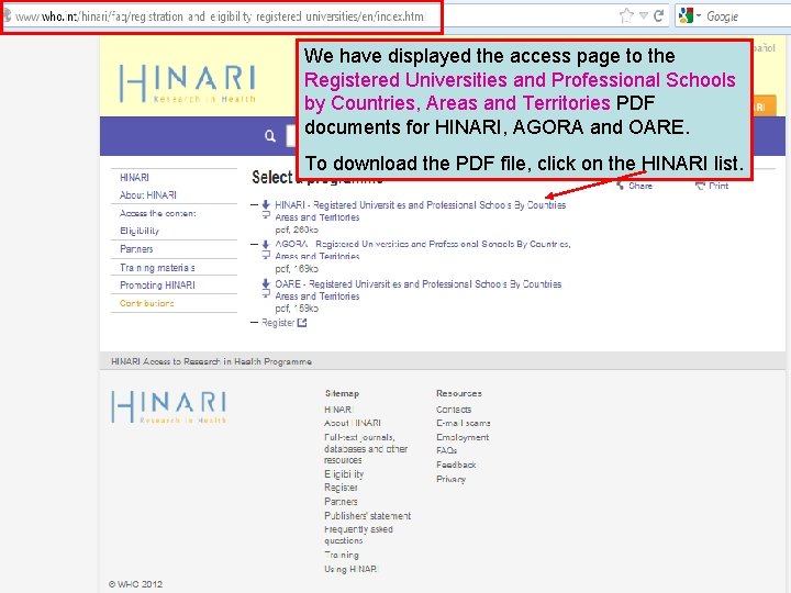 HINARI website interface journals and other full text