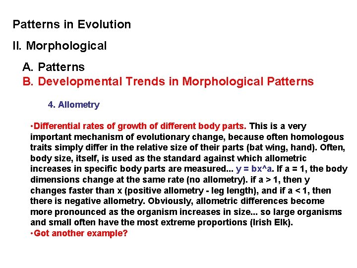 Patterns in Evolution II Morphological A Patterns B