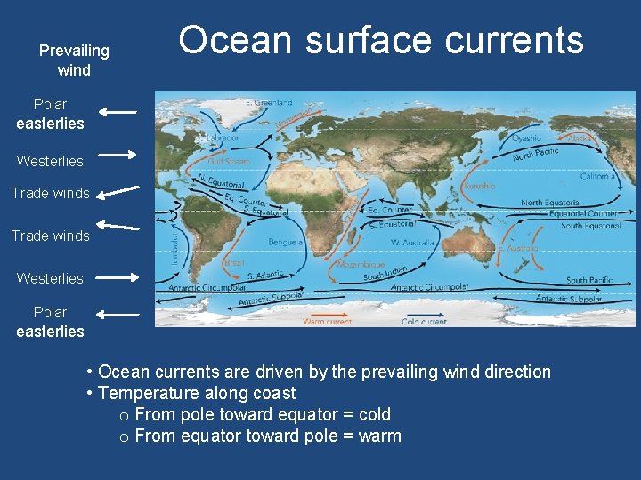 Prevailing wind Ocean surface currents Polar easterlies Westerlies