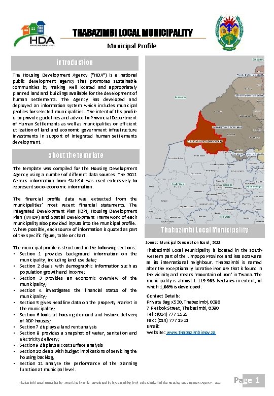 THABAZIMBI LOCAL MUNICIPALITY Municipal Profile introduction The Housing