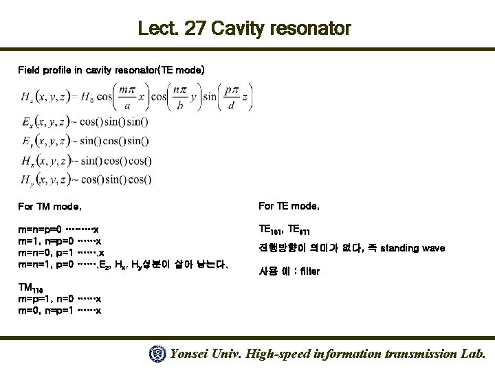 Lect 27 Cavity resonator Field profile in cavity