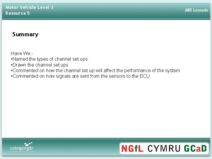 Motor Vehicle Level 3 Resource 5 ABS Layouts