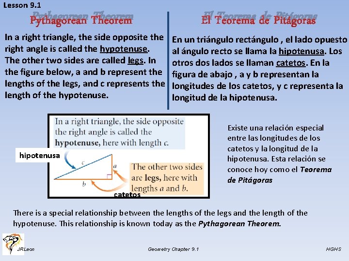 Lesson 9 1 El Teorema de Pitgoras Pythagorean