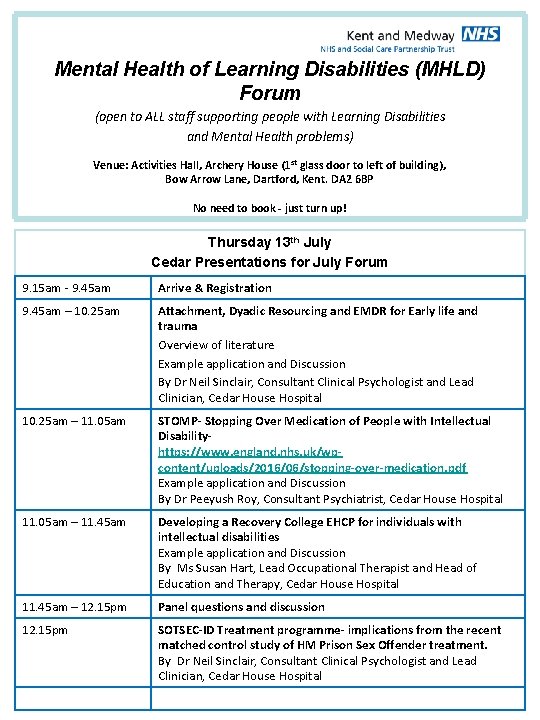 Mental Health of Learning Disabilities MHLD Forum open