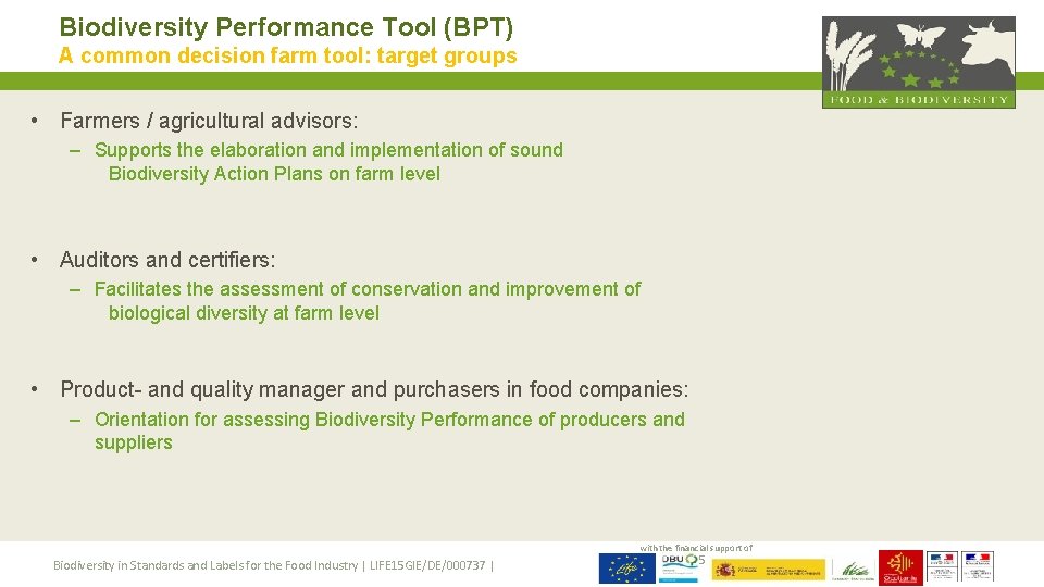 LIFE Food Biodiversity Presentation of the Biodiversity Performance