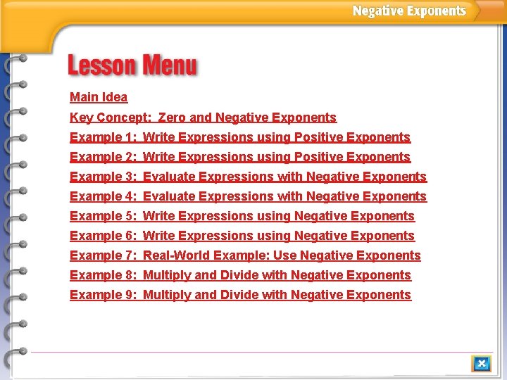 Main Idea Key Concept Zero and Negative Exponents