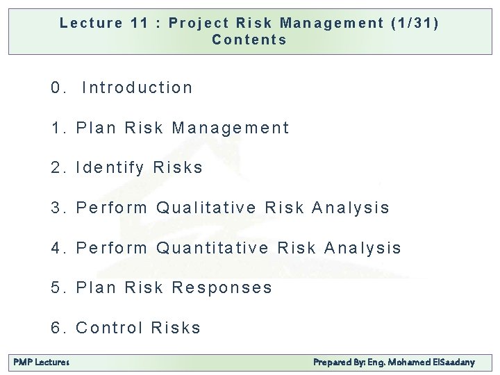Lecture 11 Project Risk Management 131 Contents 0