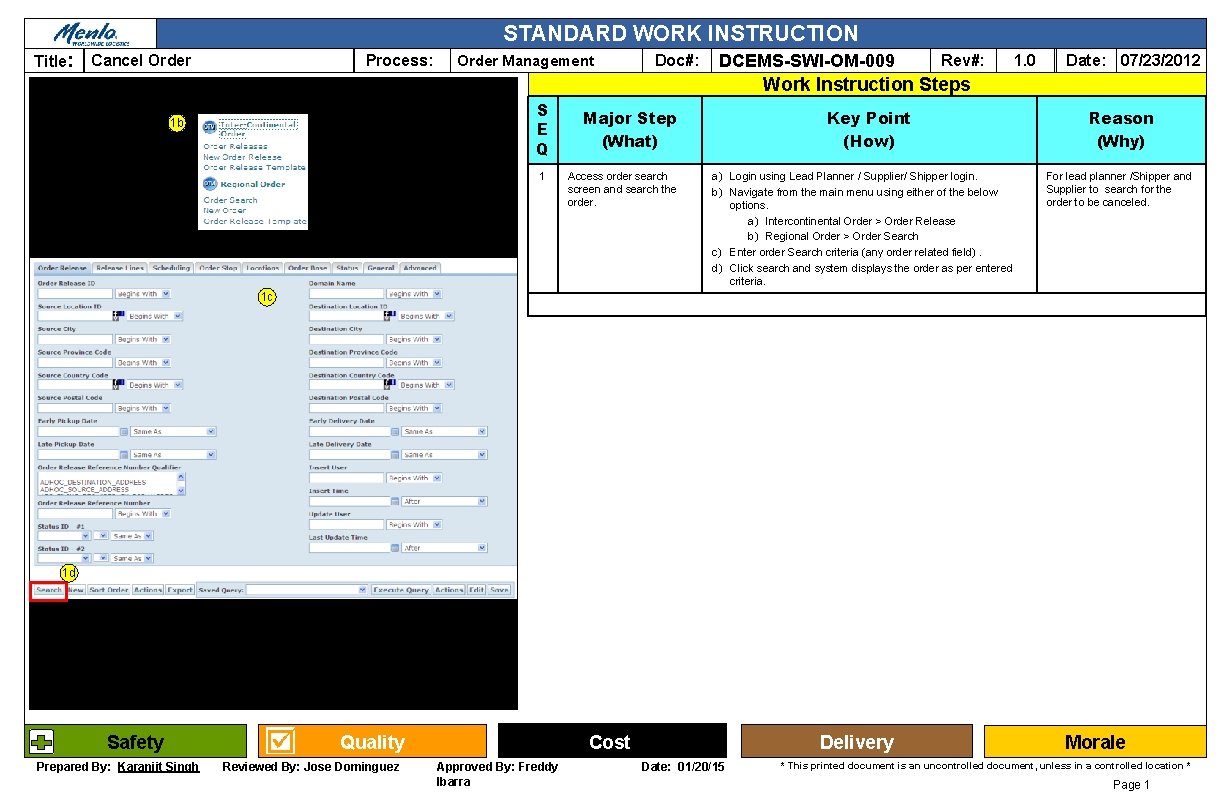 STANDARD WORK INSTRUCTION Title Cancel Order Process Order