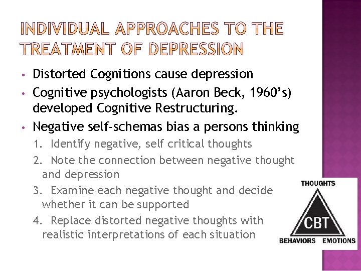 Part I Biological Drug Therapy Cognitive Psychological Individual