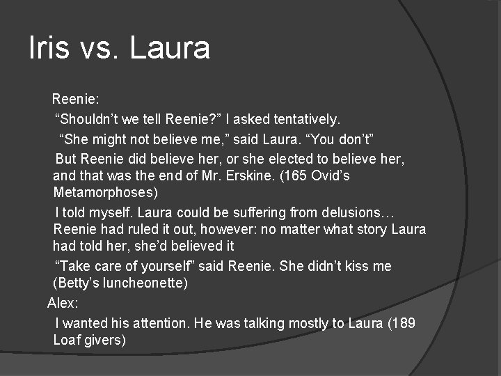 Blind Assassin LAURA AS IRISS DOPPELGANGER outline Usage