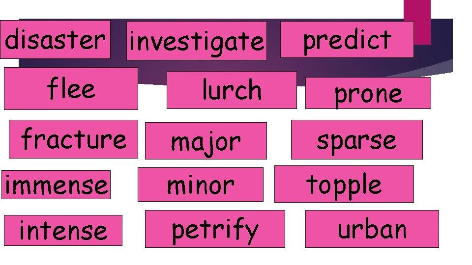 Lesson 15 vocabulary disaster investigate flee fracture immense