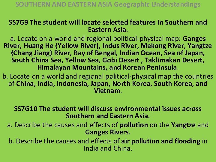SOUTHERN AND EASTERN ASIA Geographic Understandings SS 7