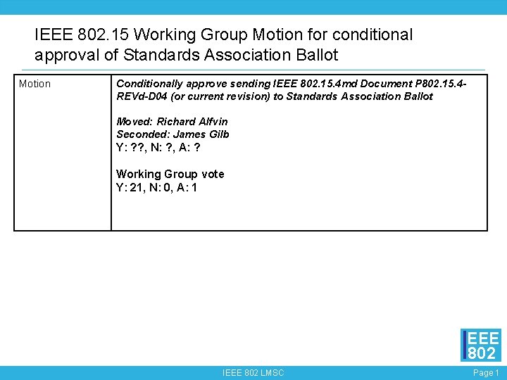 IEEE 802 15 Working Group Motion for conditional