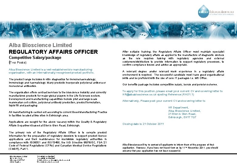 Alba Bioscience Limited REGULATORY AFFAIRS OFFICER Competitive ...