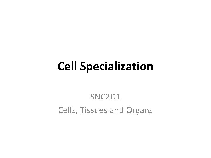 Cell Specialization SNC 2 D 1 Cells Tissues