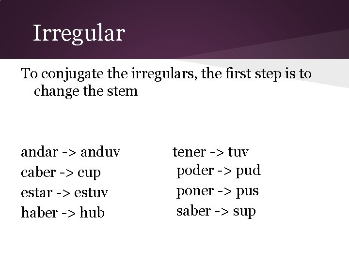 Pretrito When to use pretrito Used to describe