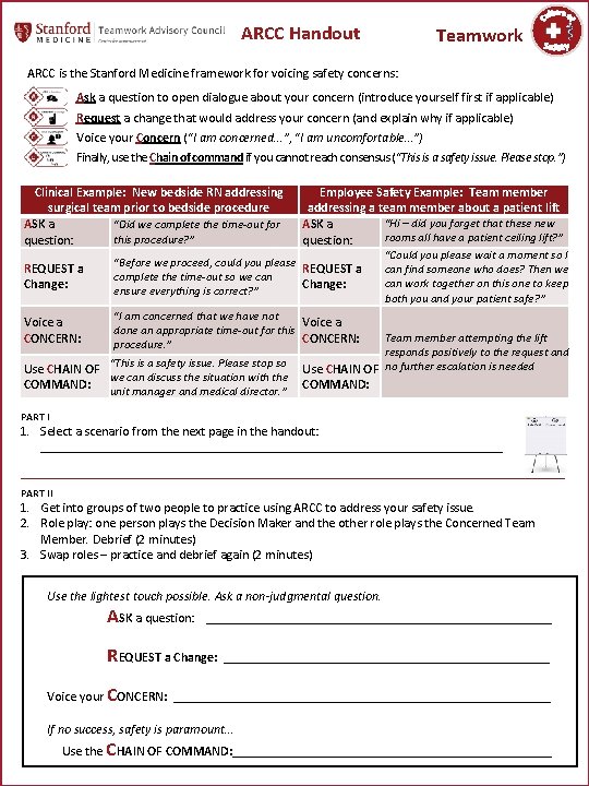 ARCC Handout Teamwork ARCC is the Stanford Medicine