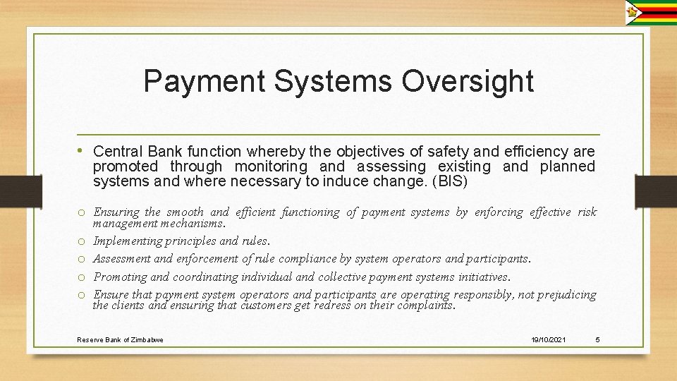 APPROACH TO PAYMENT SYSTEMS OVERSIGHT Zimbabwe Presentation MEFMI