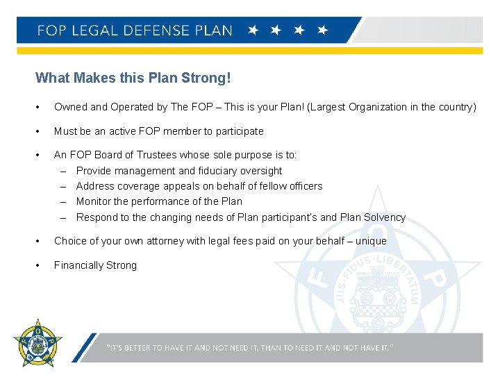 Overview Capabilities FOP Legal Defense Plan Team Legal