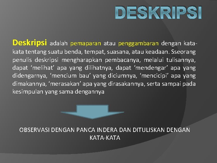 JENIS KARANGAN q Deskripsi lukisangambaran memancing indra q
