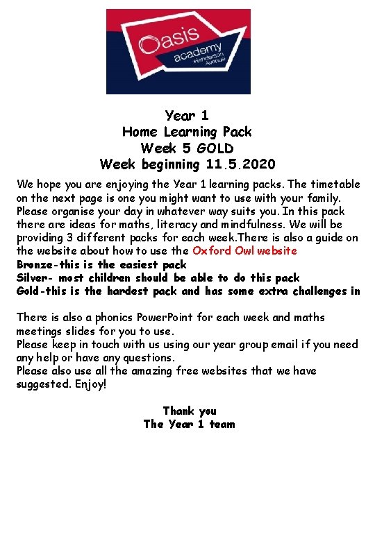 Year 1 Home Learning Pack Week 5 GOLD