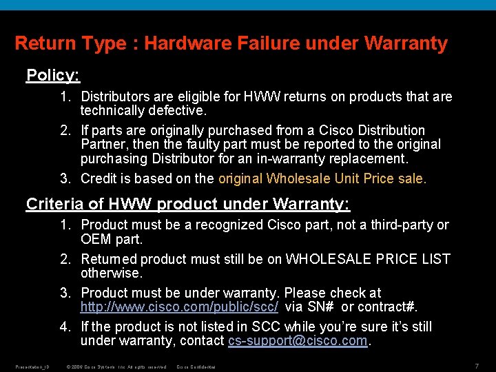 Cisco 2 Tier Distributor Returns Policy Process APAC