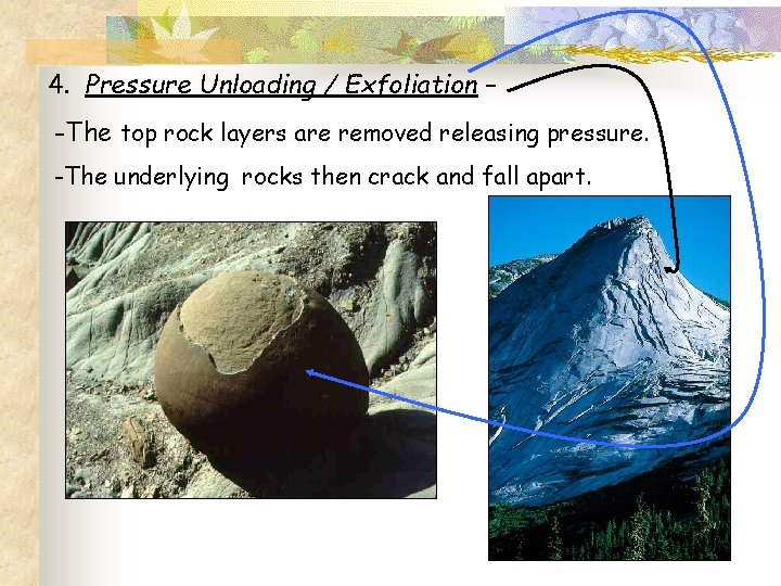 Weathering the physical chemical breakdown of rocks Atmosphere