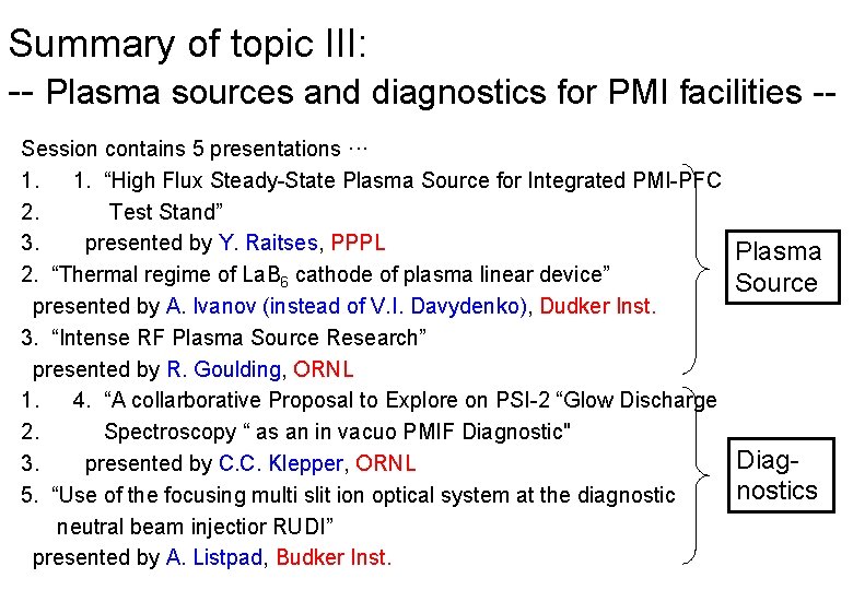 Summary of topic III Plasma sources and diagnostics