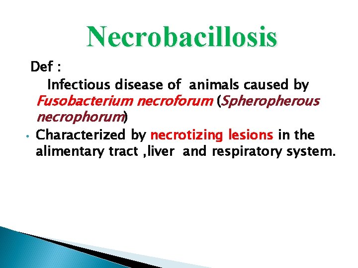 Necrobacillosis Necrobacillosis Def Infectious disease of animals caused