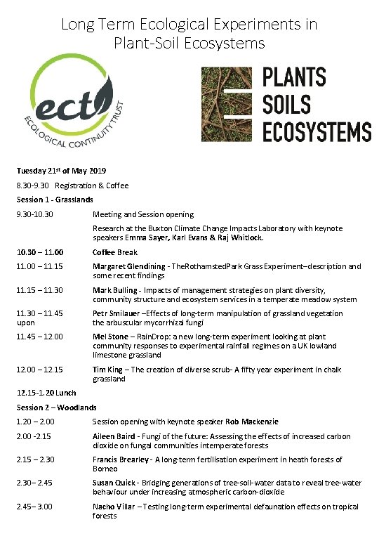 Long Term Ecological Experiments in PlantSoil Ecosystems Tuesday