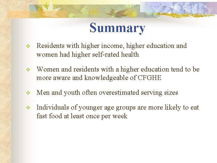 Knowledge of Canadas Food Guide to Healthy Eating